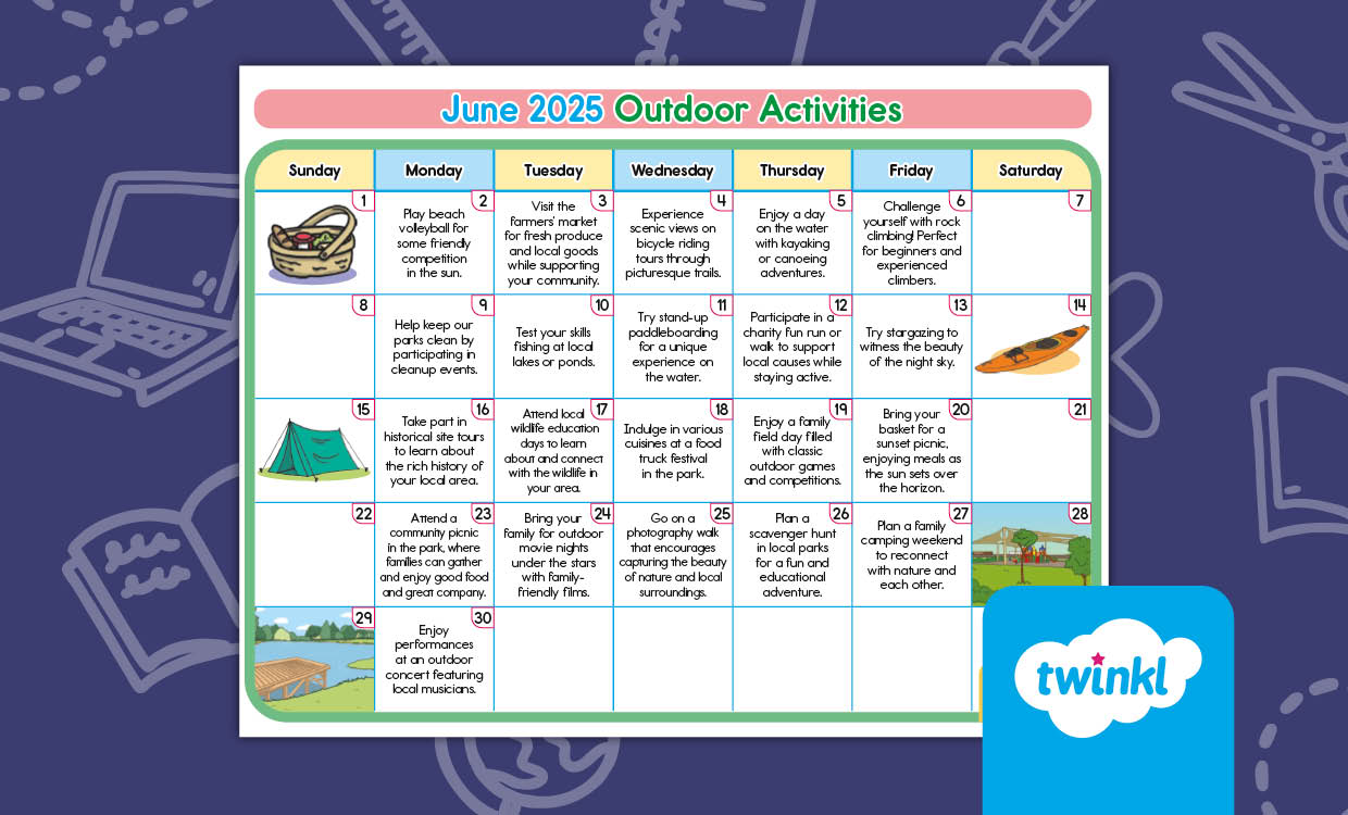 June 2025 Outdoor Activities Calendar for Elementary Students | Lesson Plan